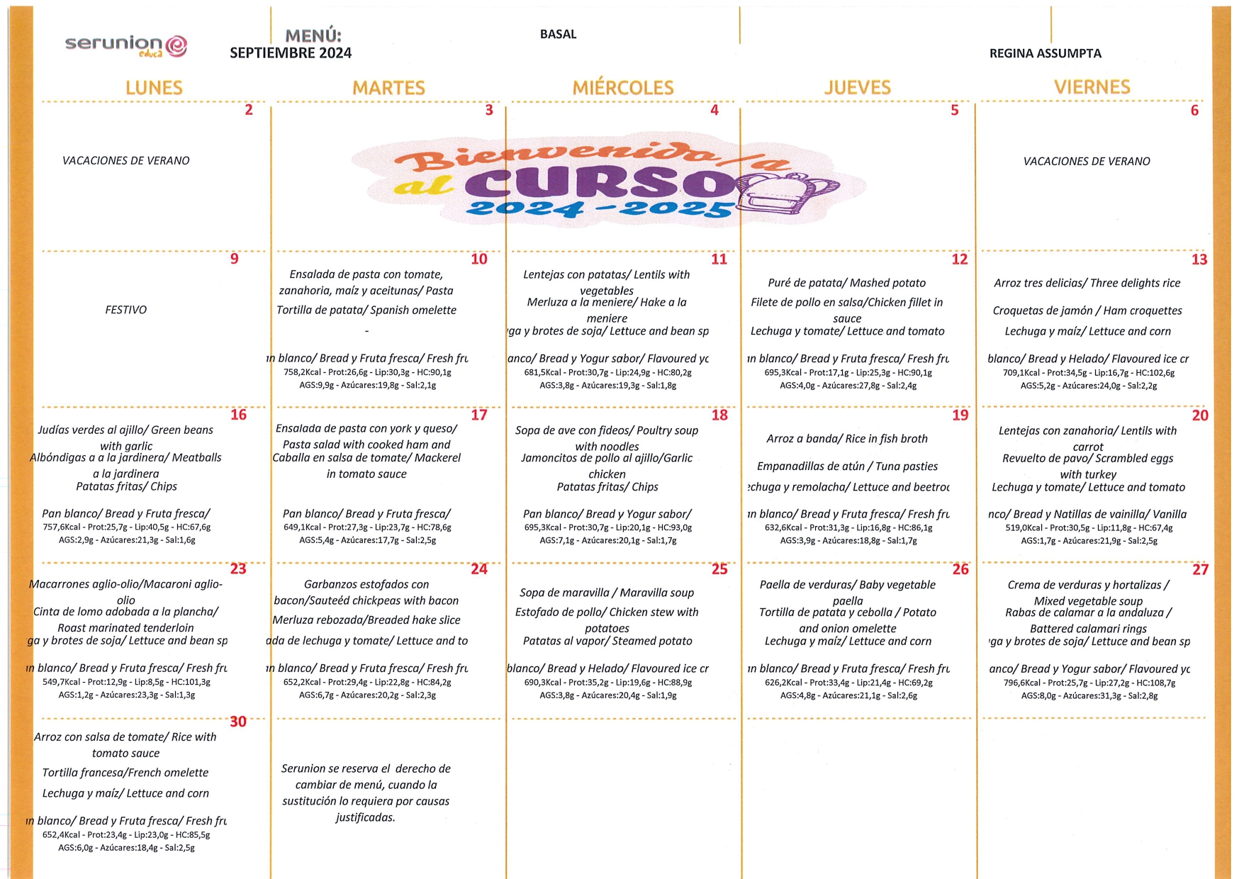 Menú escolar | Colegio Regina Assumpta